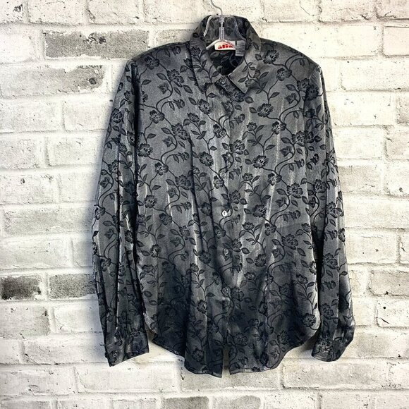 Alia | Tops | Vintage Alia Dark Floral Metallic Satin Button Up Long ...